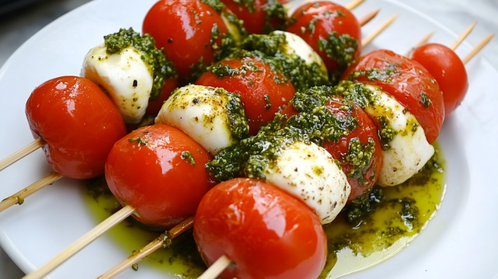 Tomato and Mozzarella Skewers with Pesto