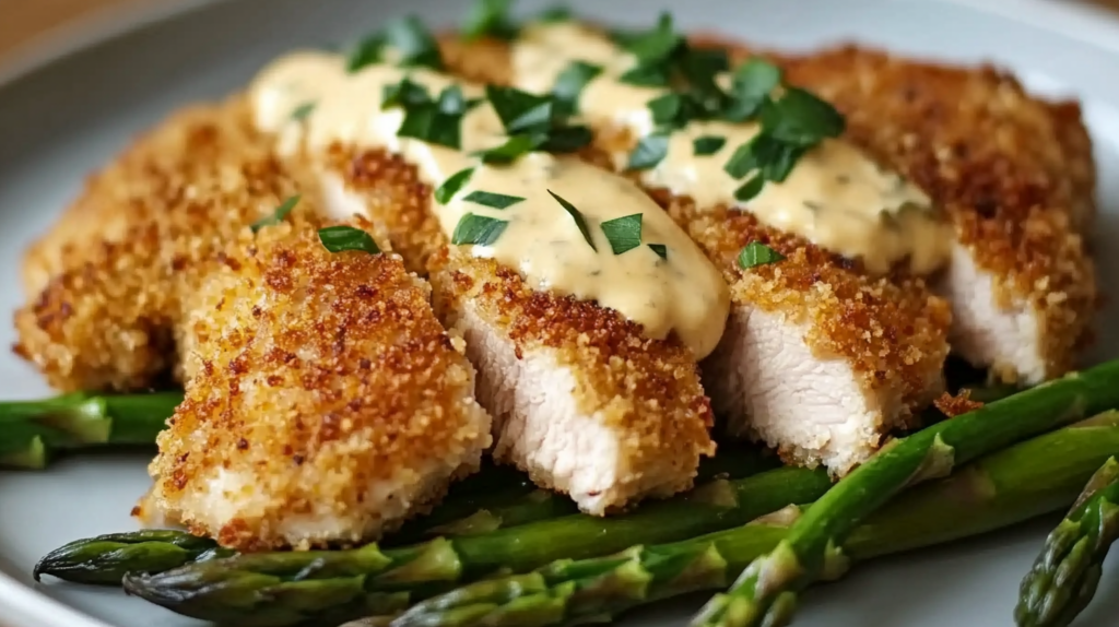 Panko-Crusted Chicken with Spicy Aioli & Roasted Asparagus
