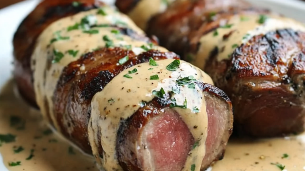Bacon-Wrapped Venison Tenderloin with Garlic Cream Sauce